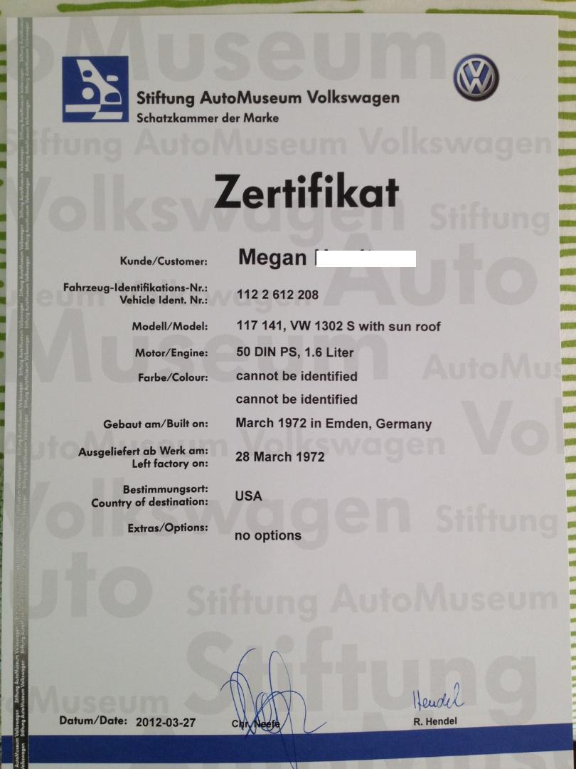 TheSamba.com :: Gallery - 1972 Super Beetle 1302s Birth Certificate